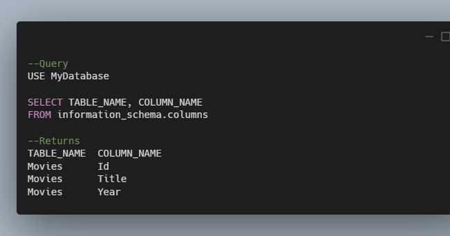 SQL Select From Information schema columns MAKOLYTE