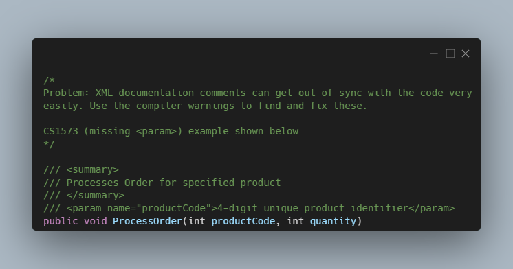 Xml Doc Warnings Cs1573 And Cs1572 Makolyte
